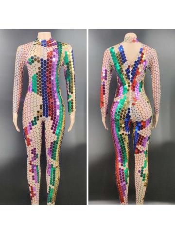 Colorful Sequin Grid Bodysuit - Costumes - Raywigs