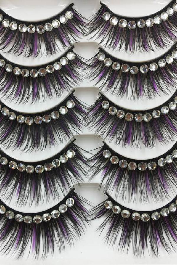 Silver Rhinestone Black and Purple False Lashes - MakeUp - Raywigs