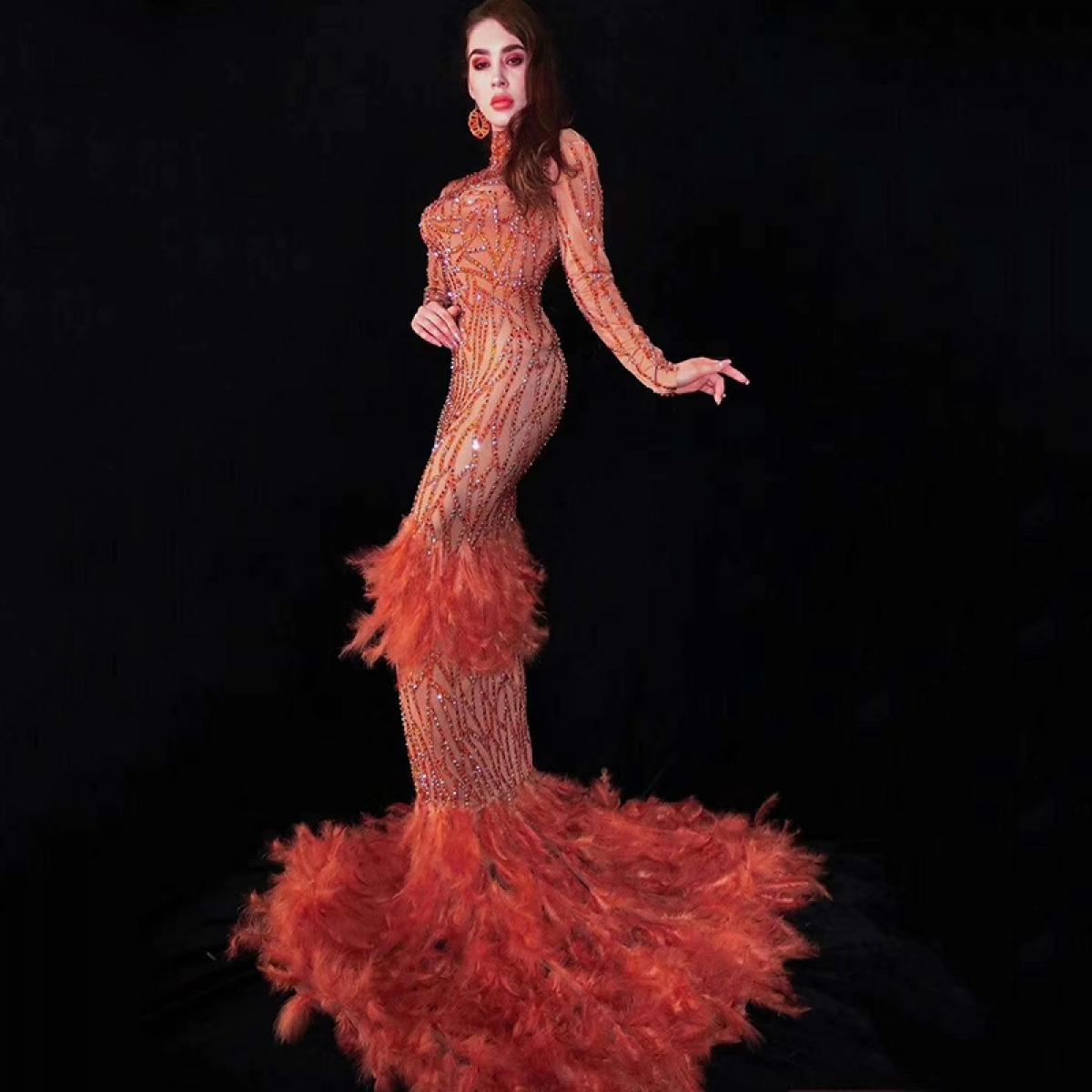 Orange Rhinestone Feather Trailing Dress - Costumes - Raywigs