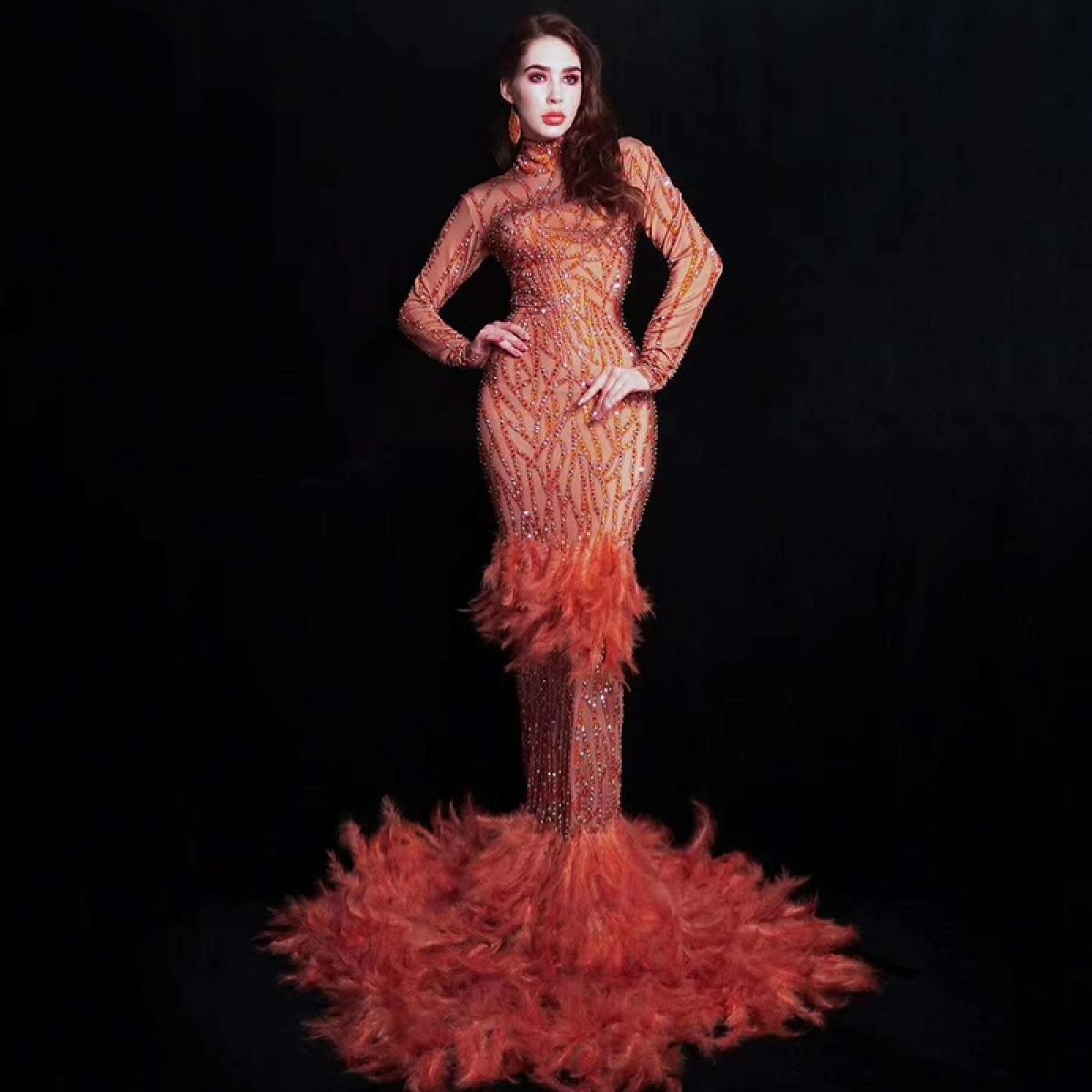 Orange Rhinestone Feather Trailing Dress - Costumes - Raywigs